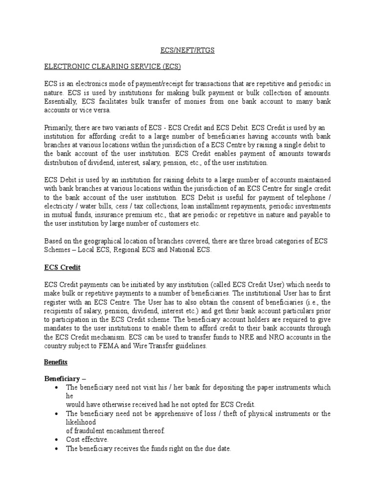 ECS Credit: Benefits | PDF | Debits And Credits | Financial Technology