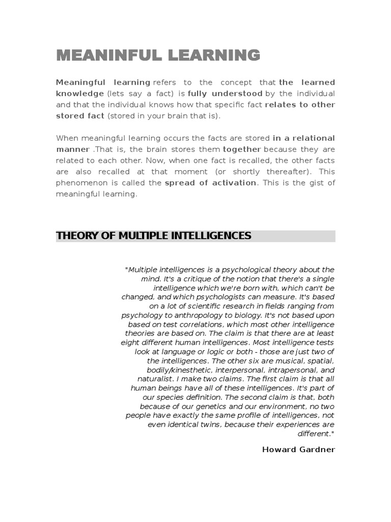 Meaningful Learning - MULTIPLE INT. | PDF | Neuro Linguistic ...