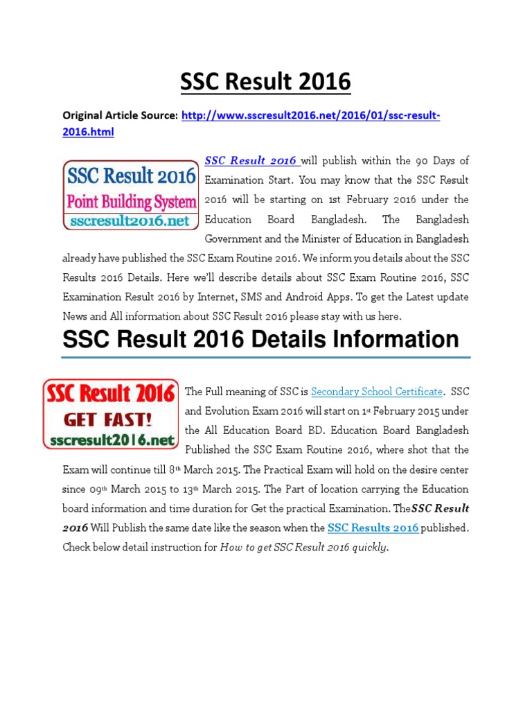 SSC Result 2016 Publication Details | PDF | Short Message Service ...