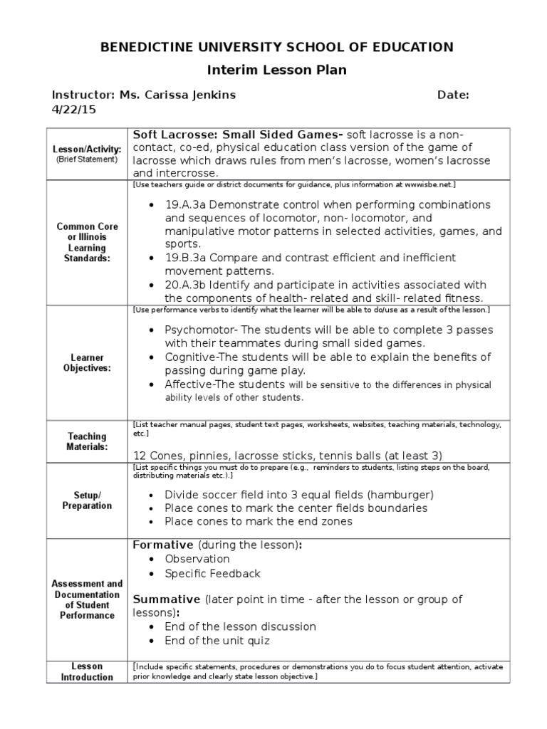 Lacrosse Lesson Plan | PDF | Lesson Plan | Cognition