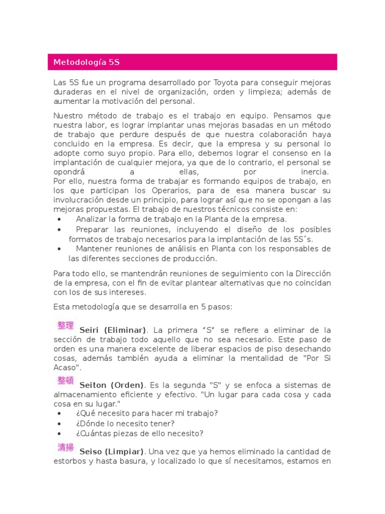 Metodología de Las 5S: Seiri, Seiton, Seiso, Seiketso & Sitsuke | PDF ...