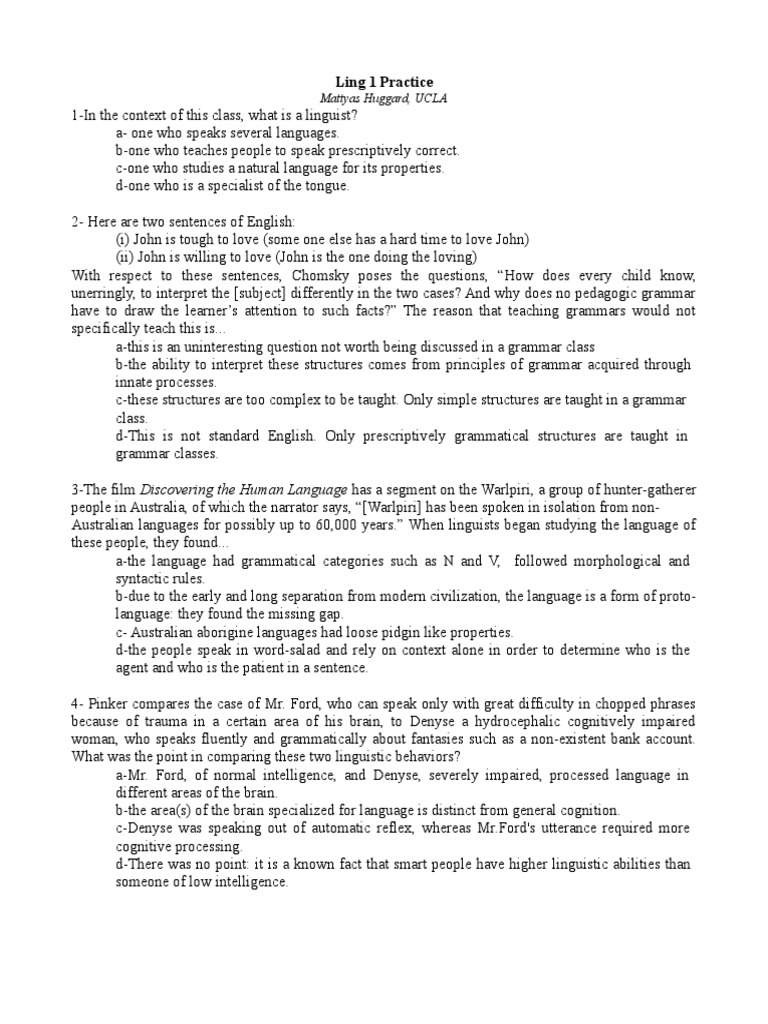 Linguistics 1 Practice: Analyzing a Sample Exam Addressing Key Concepts ...