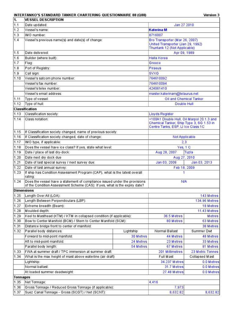 Q88 Questionnaire for Vessel Katerina M | PDF | Tonnage | Ships
