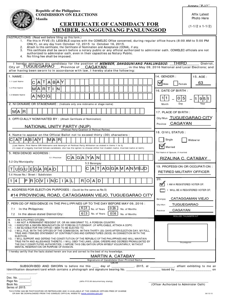 Certificate of Candidacy Form 2025 | PDF | Oath Of Office | Government
