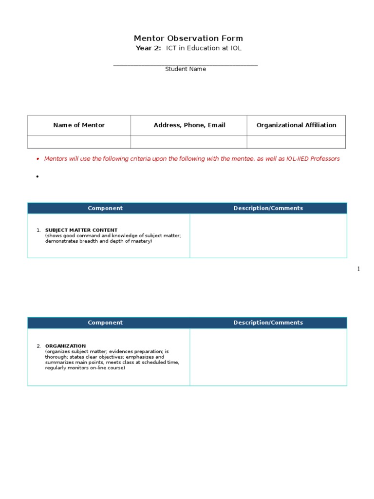 Mentor Observation Form | PDF