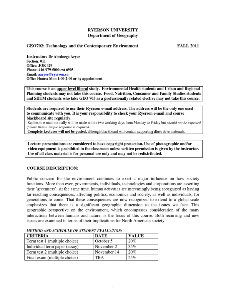 GEO 702 Section 1 Course Outline Fall 2011 | PDF | Test (Assessment ...