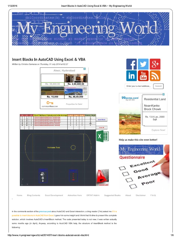 Insert Blocks in AutoCAD Using Excel & VBA My Engineering World | PDF