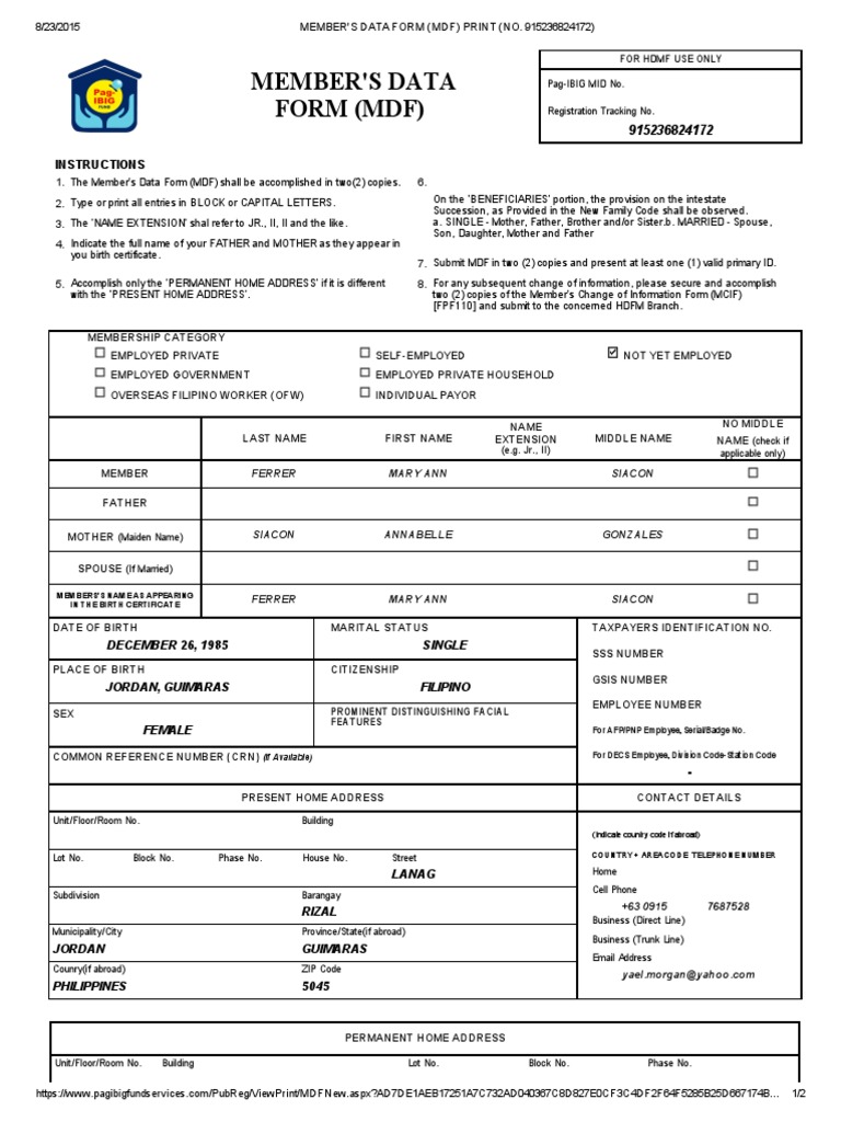 Member's Data Form (MDF) Print (No | PDF | Government | Social Institutions