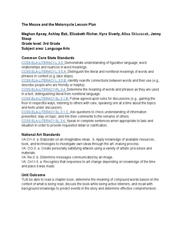 The Mouse and the Motorcycle Lesson Plan | PDF | Reading Comprehension ...