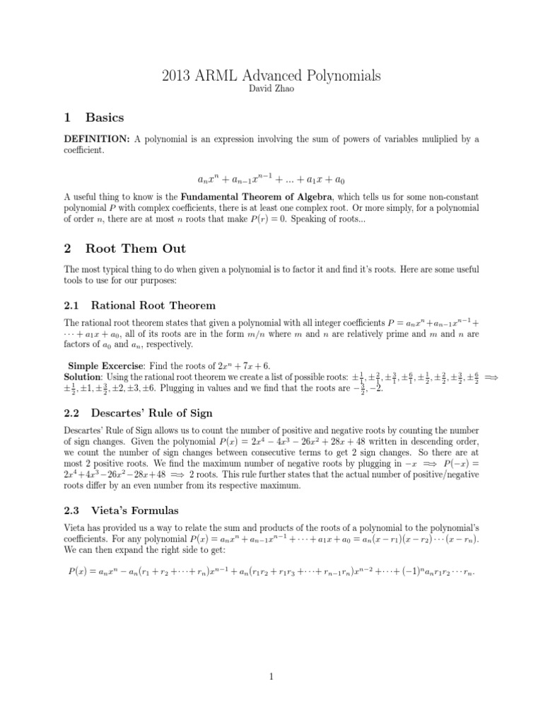 ARML 2012-2013 Varsity Polynomials | PDF | Polynomial | Zero Of A Function