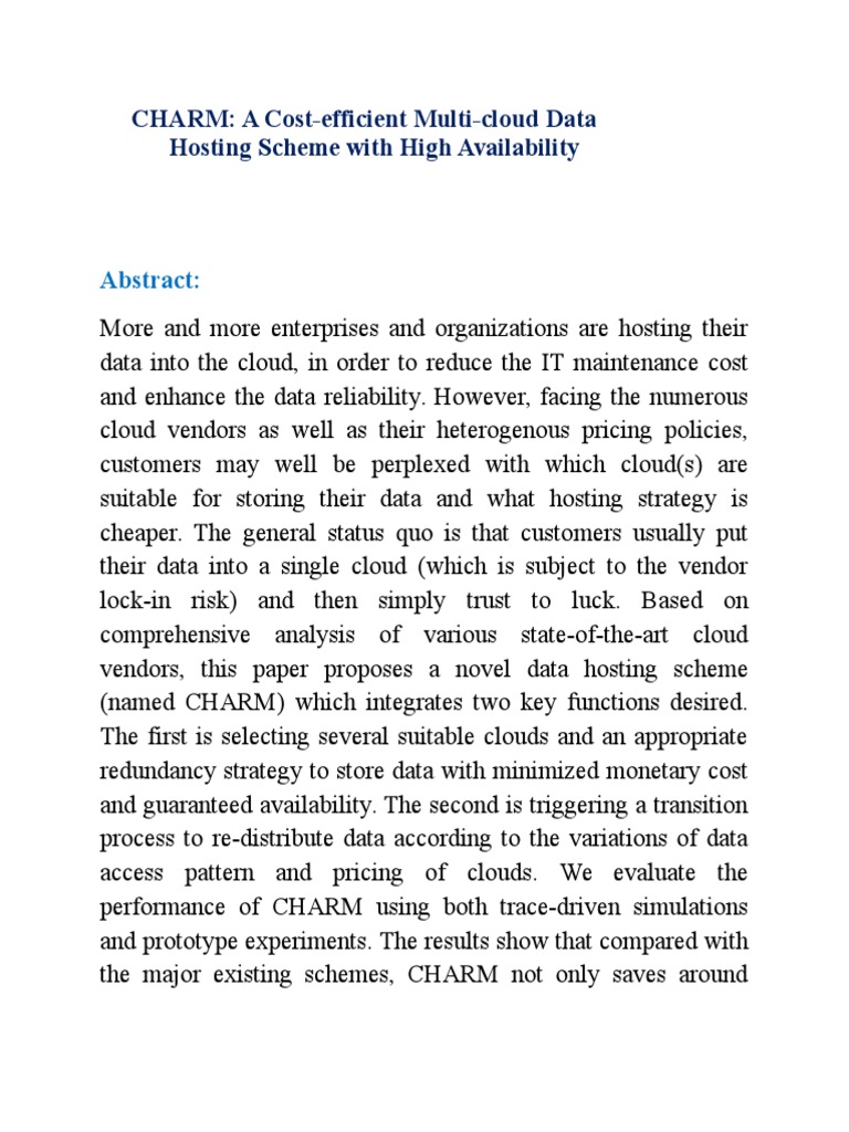 CHARM A Cost Efficient Multi Cloud Data Hosting Scheme With High Availability | PDF | Encryption ...