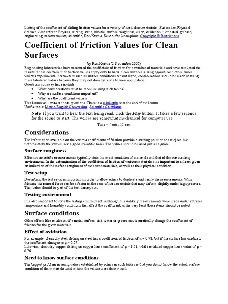Coefficient of Friction Values For A Variety of Hard Clean Materials ...