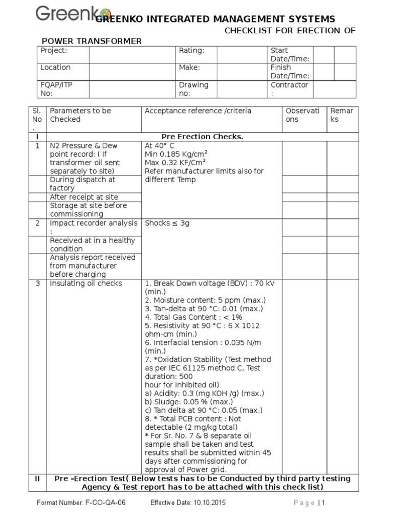 Checklist For Erection Power Transformer | PDF | Transformer | Electric ...