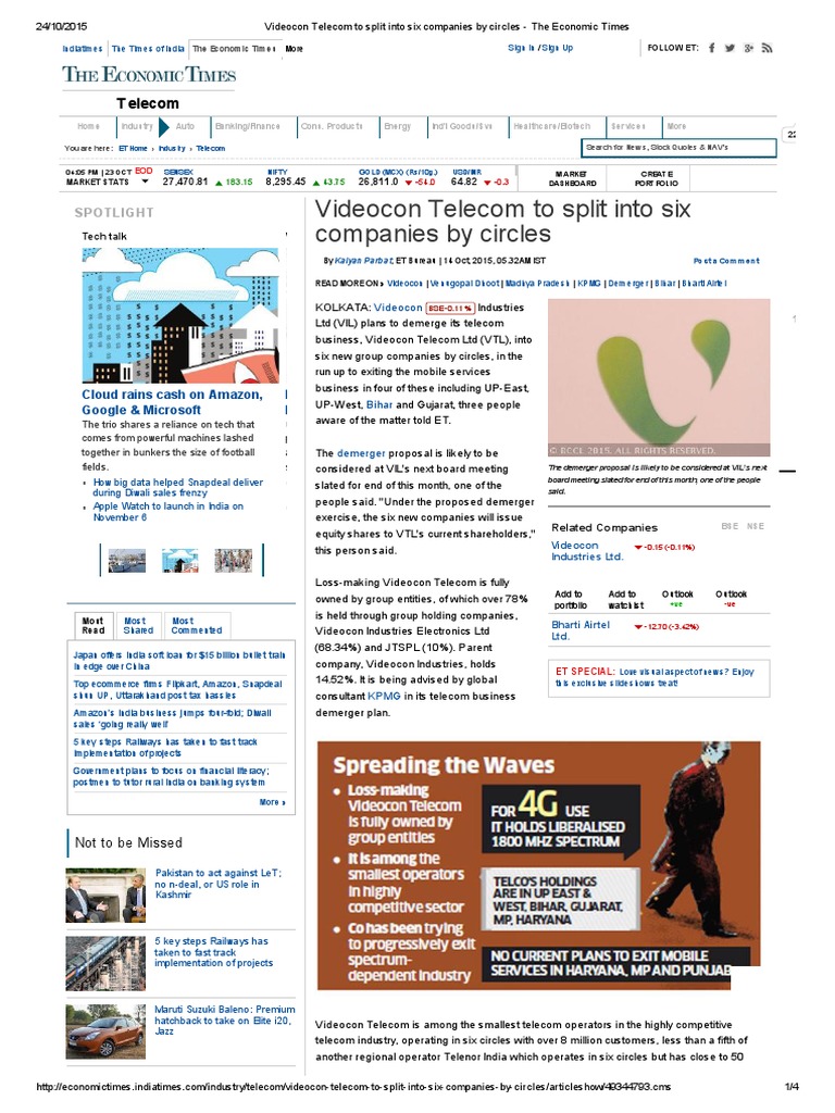 Videocon Telecom To Split Into Six Companies by Circles - The Economic ...