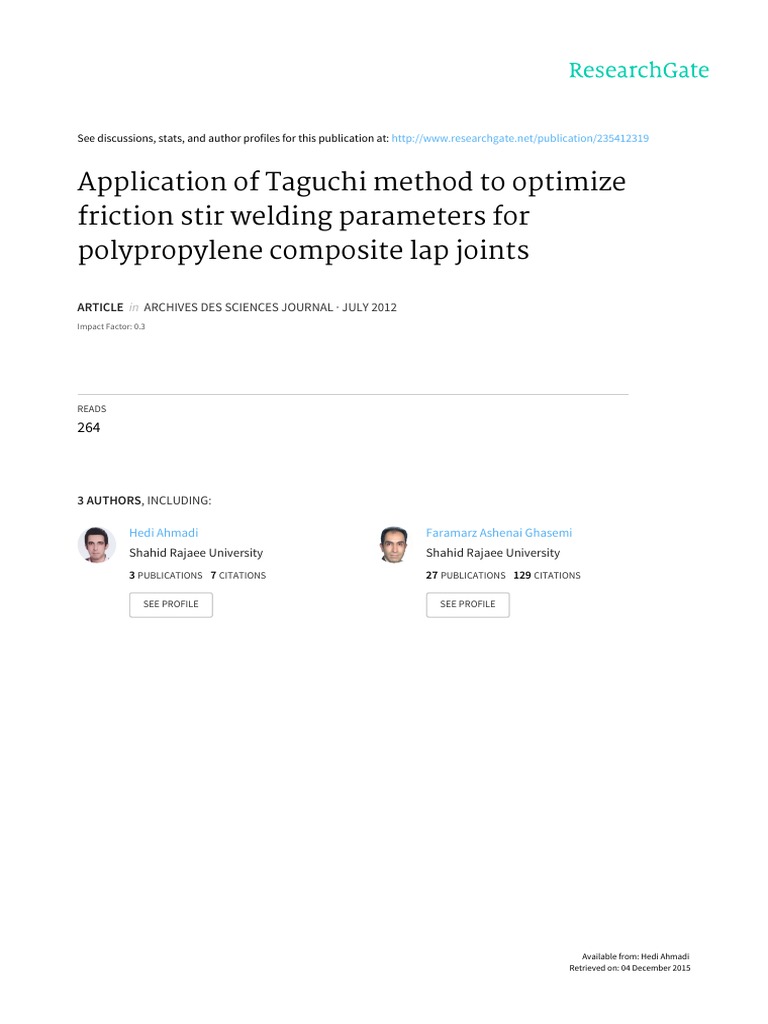 Application of Taguchi Method To Optimize Friction Stir Welding Parameters For Polypropylene ...