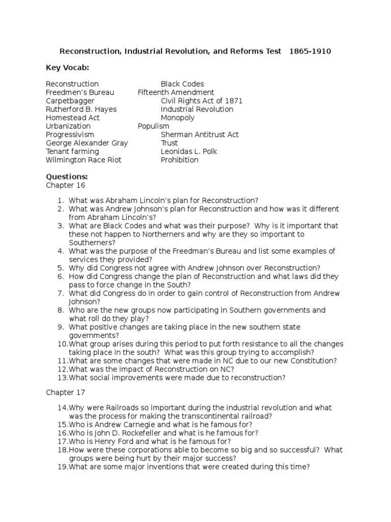 Reconstruction and Industrial Revolution Test | PDF | Andrew Johnson ...