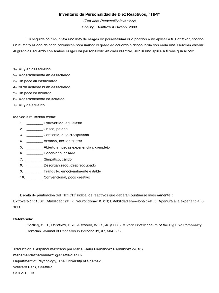 Ten-Item Personality Inventory "TIPI" - Espanol (Mexico) | PDF ...