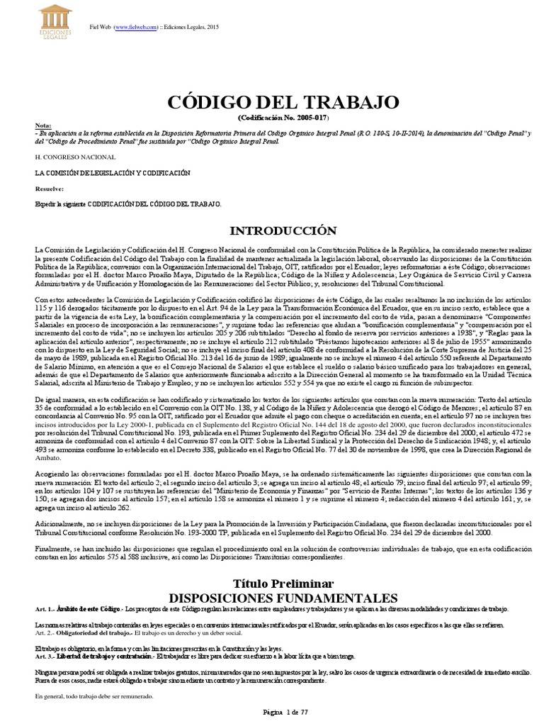 Codificación del Código del Trabajo de Ecuador con notas sobre salarios ...