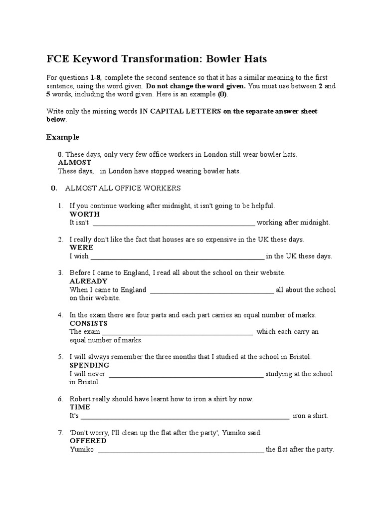 FCE Keyword Transformation Exercises | PDF | Reserved Word | Sentence ...