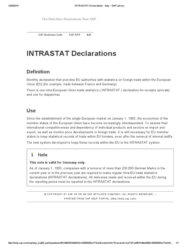 INTRASTAT Declarations - Italy - SAP Library | PDF