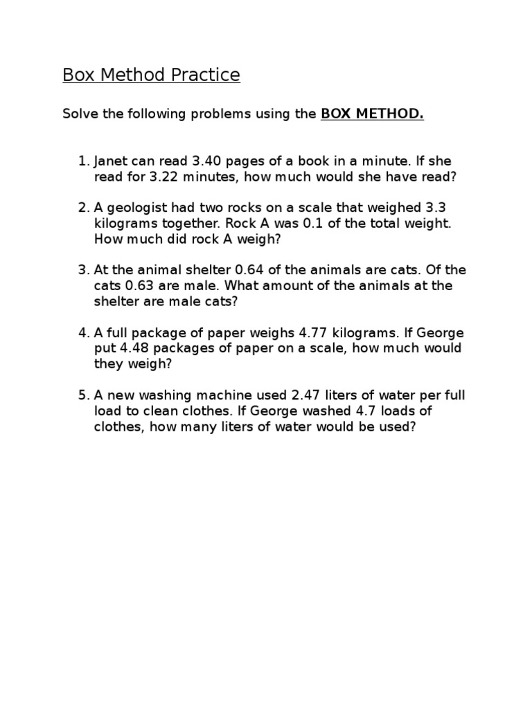Box Method Practice Sheet | PDF | Weight | Paper