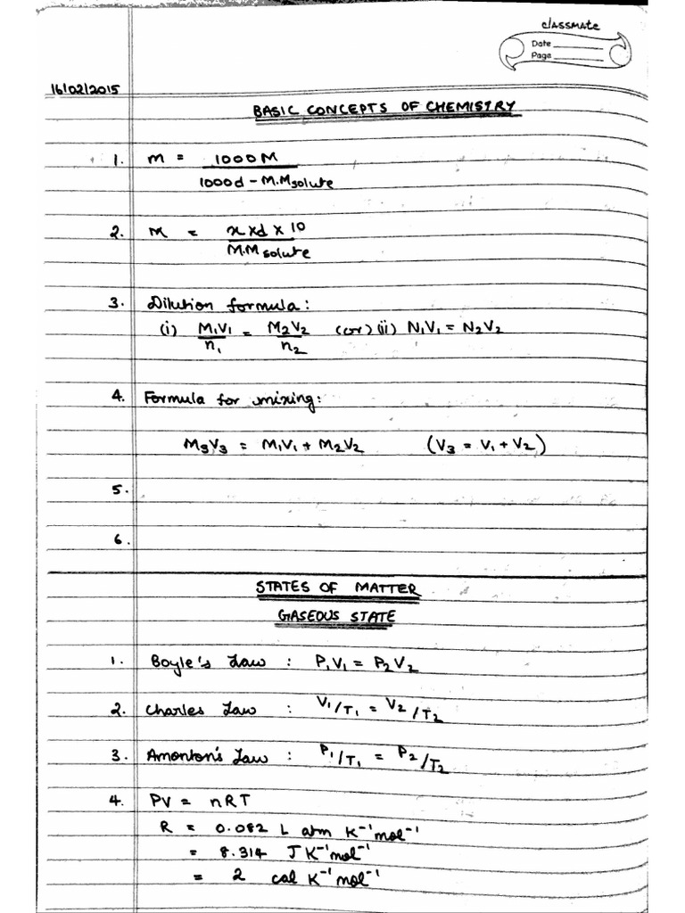 Grade 11 Chemistry Formula Sheet
