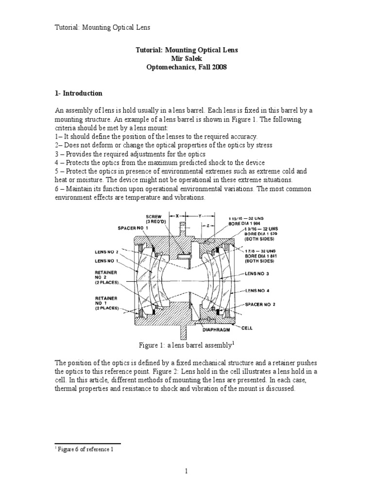Tutorial: Mounting Optical Lens Mir Salek Optomechanics, Fall 2008 ...