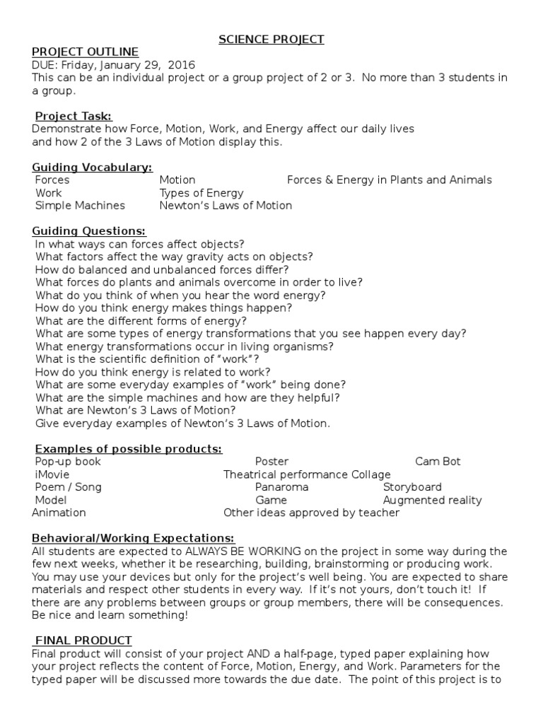 Force, Motion, and Energy Project Guide | PDF