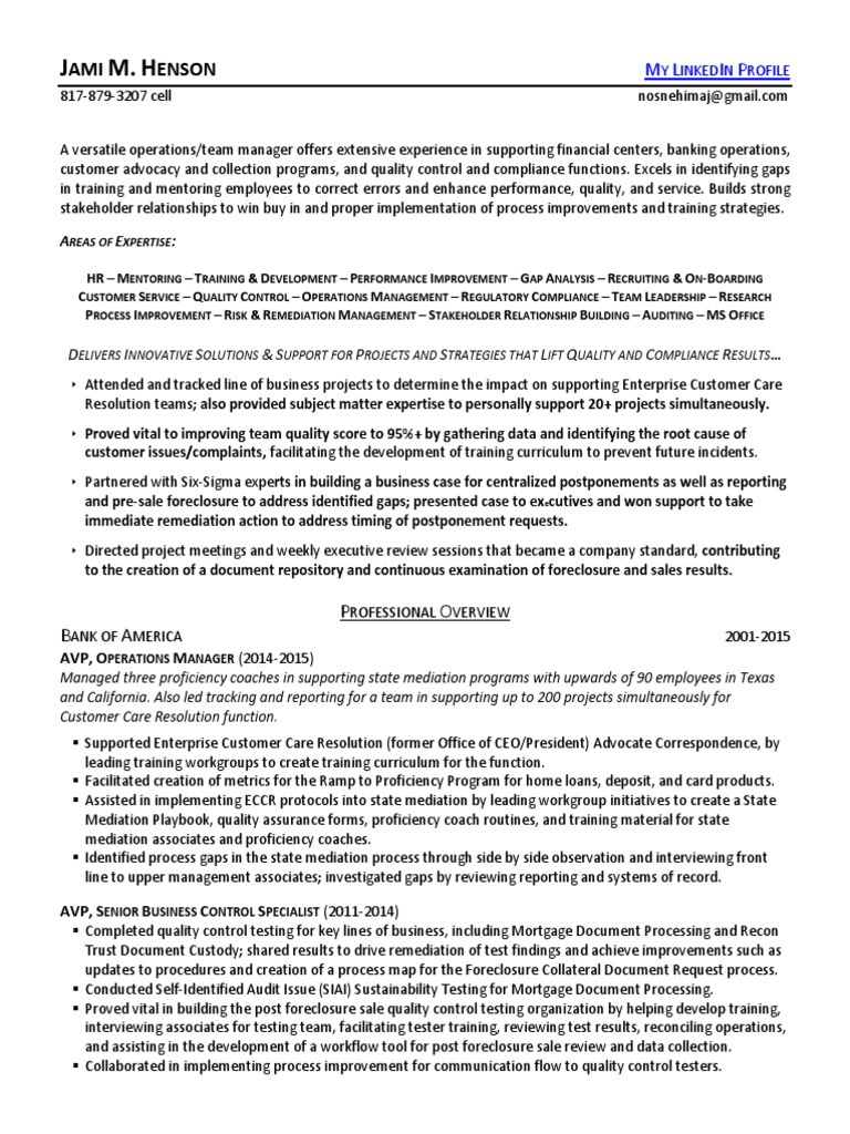 AVP Regulatory Compliance in Irving TX Resume Jami Henson | Download Free PDF | Foreclosure ...