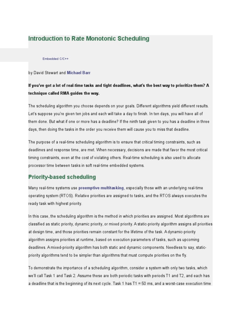 Introduction To Rate Monotonic Scheduling Pdf Scheduling Computing Algorithms And Data