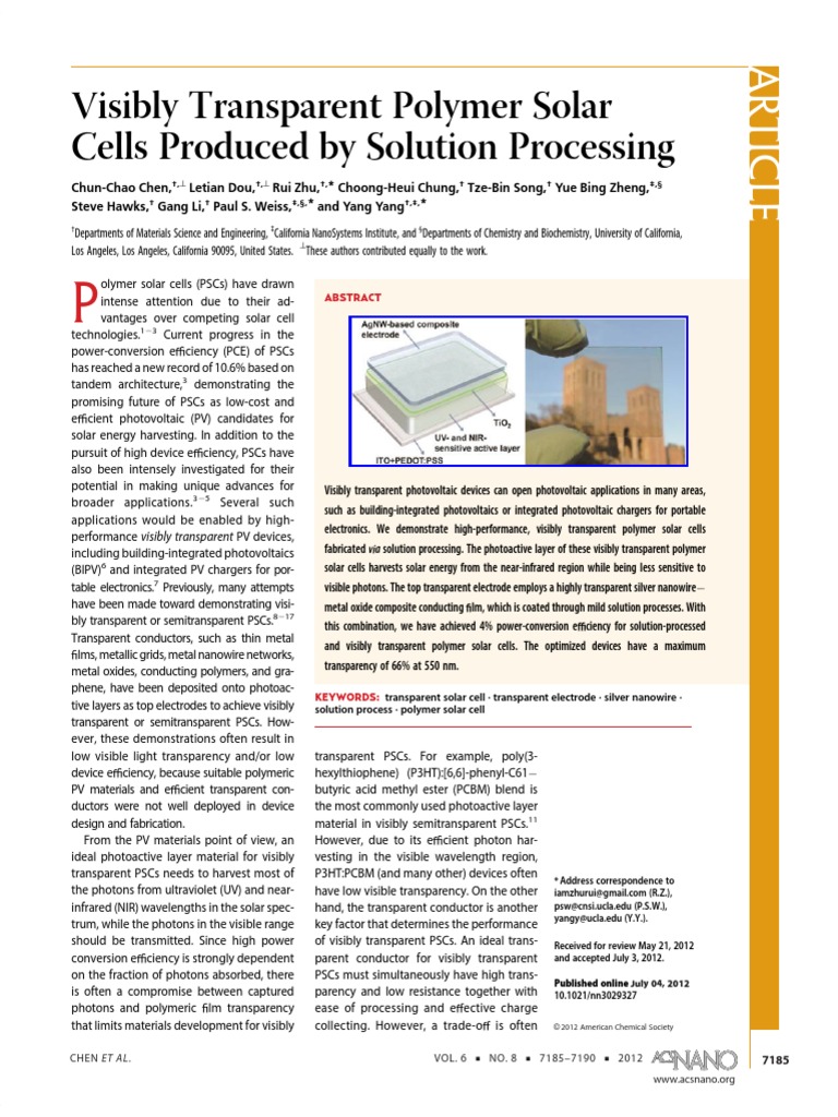 Visibly Transparent Polymer Solar Cells Produced by Solution Processing ...