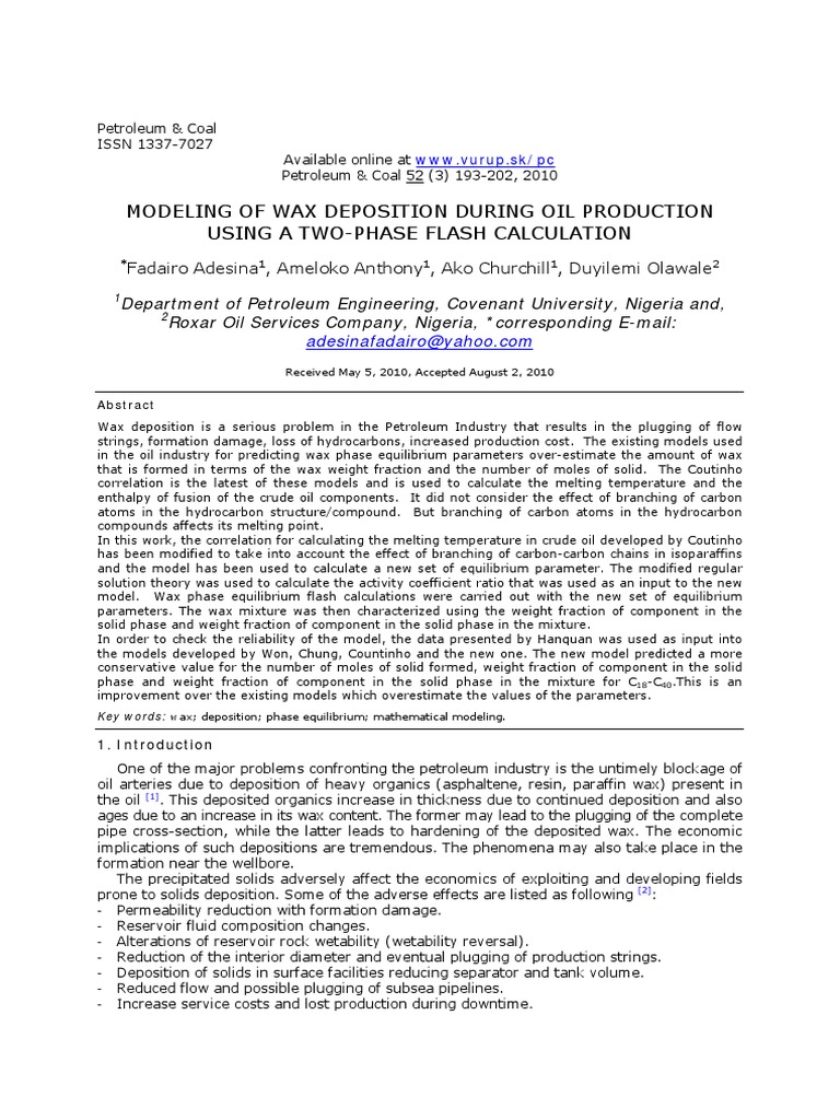 Modeling of Wax Deposition During Oil Production Using A Two-Phase ...