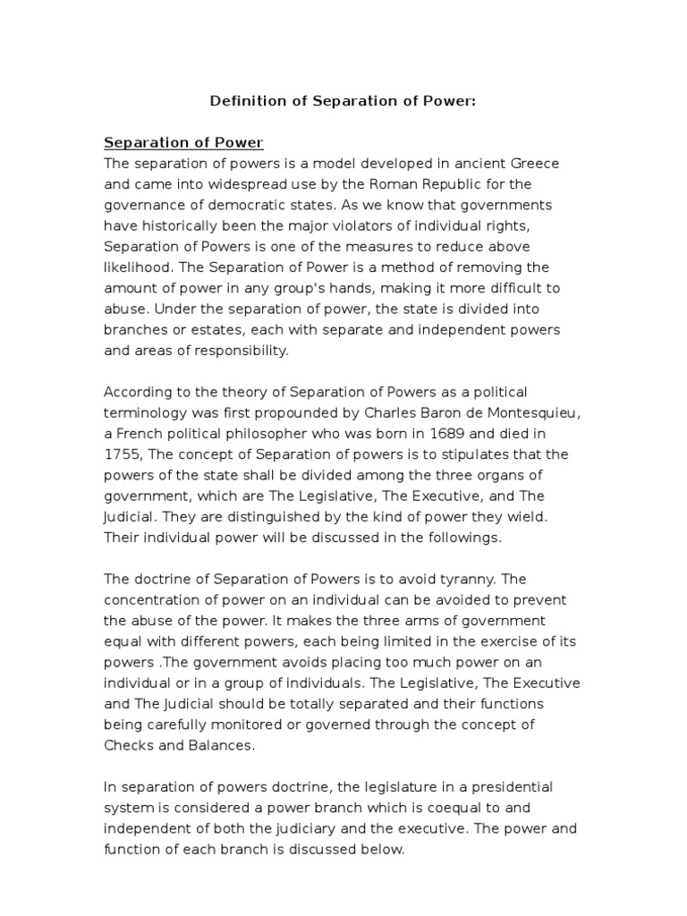 Definition of Separation of Power | PDF | Separation Of Powers Under ...
