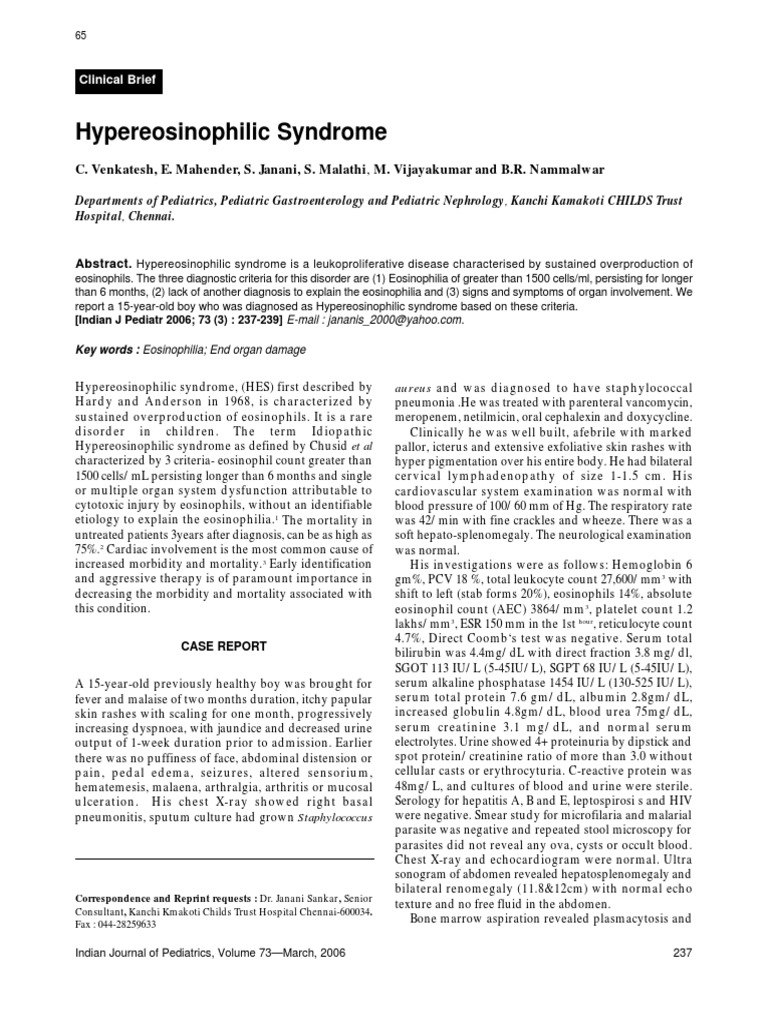 Hypereosinophilic Syndrome: C. Venkatesh, E. Mahender, S. Janani, S ...