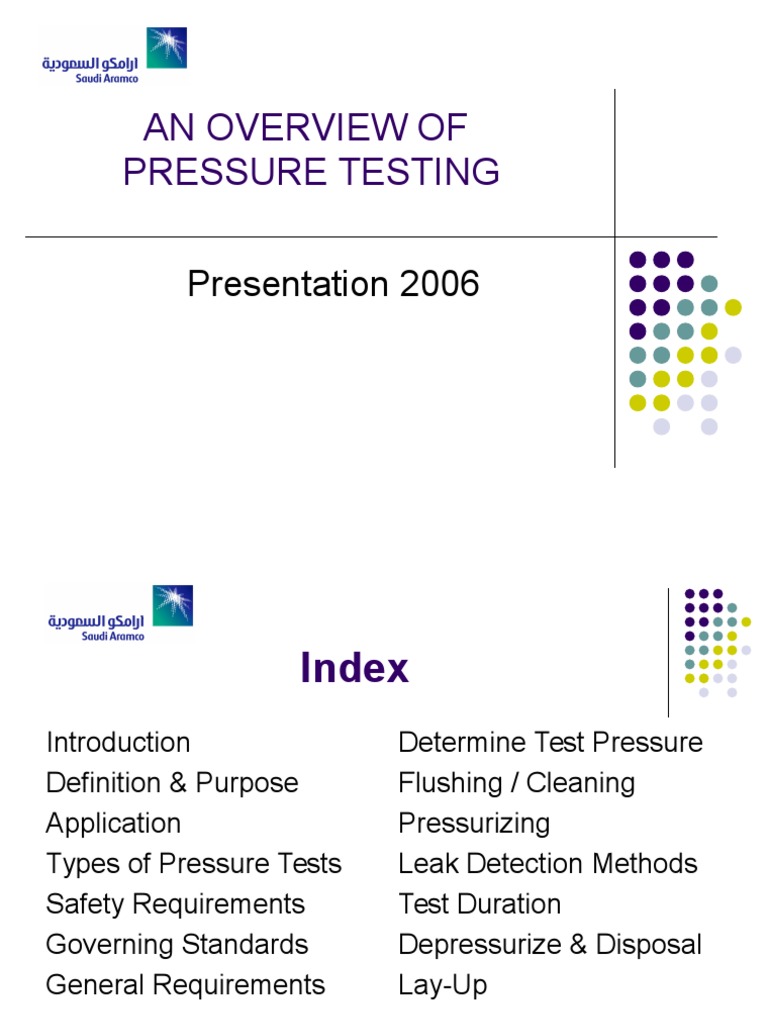 Pressure Testing Presentation | PDF | Pipe (Fluid Conveyance) | Leak