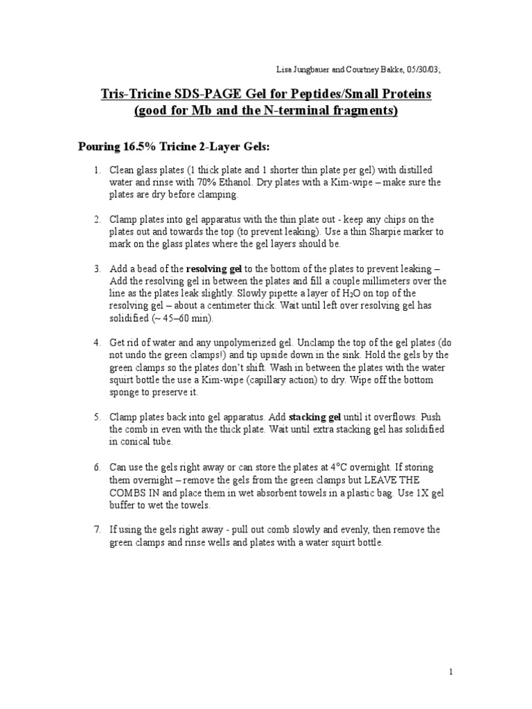 Tris-Tricine SDS-PAGE Gel Protocol | PDF | Gel Electrophoresis | Staining