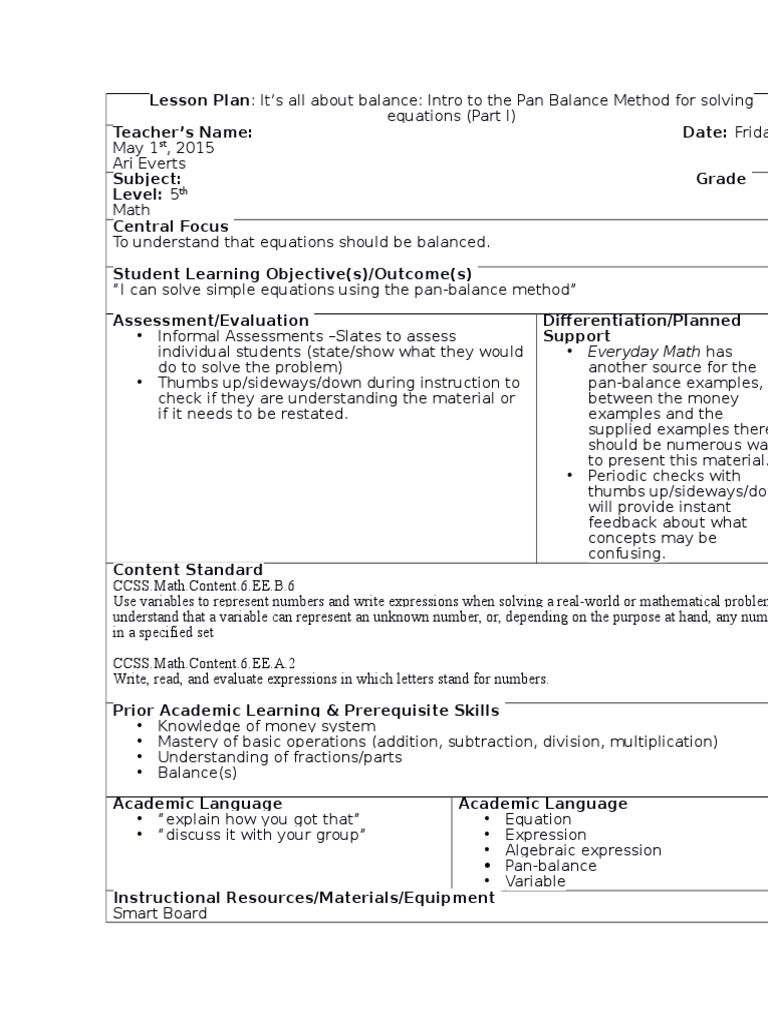 Intro To Pan Balance Lesson 5th Grade 2 | PDF | Equations | Educational ...