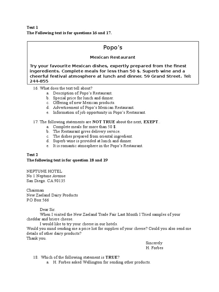 Popo's: Text 1 The Following Text Is For Questions 16 and 17 | PDF ...