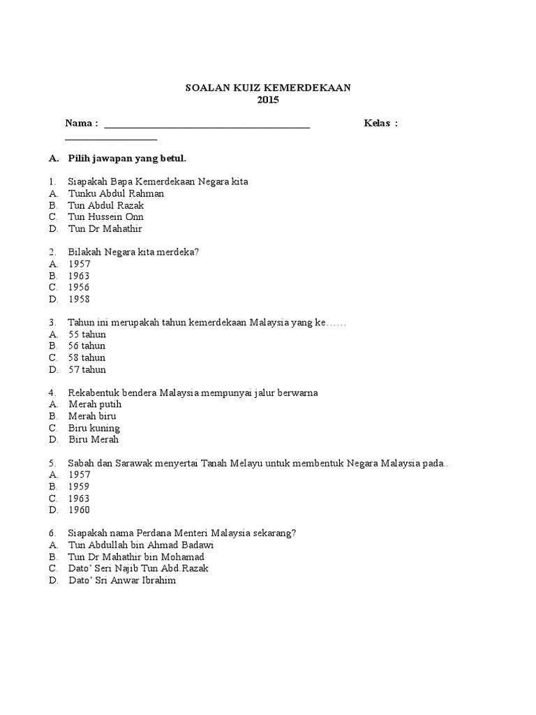 SOALAN KUIZ Hari Merdeka | PDF