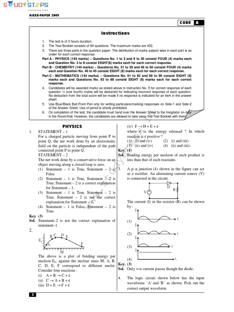 AIEEE - 2009 Paper With Solutions For Physics, Chemistry and Maths ...