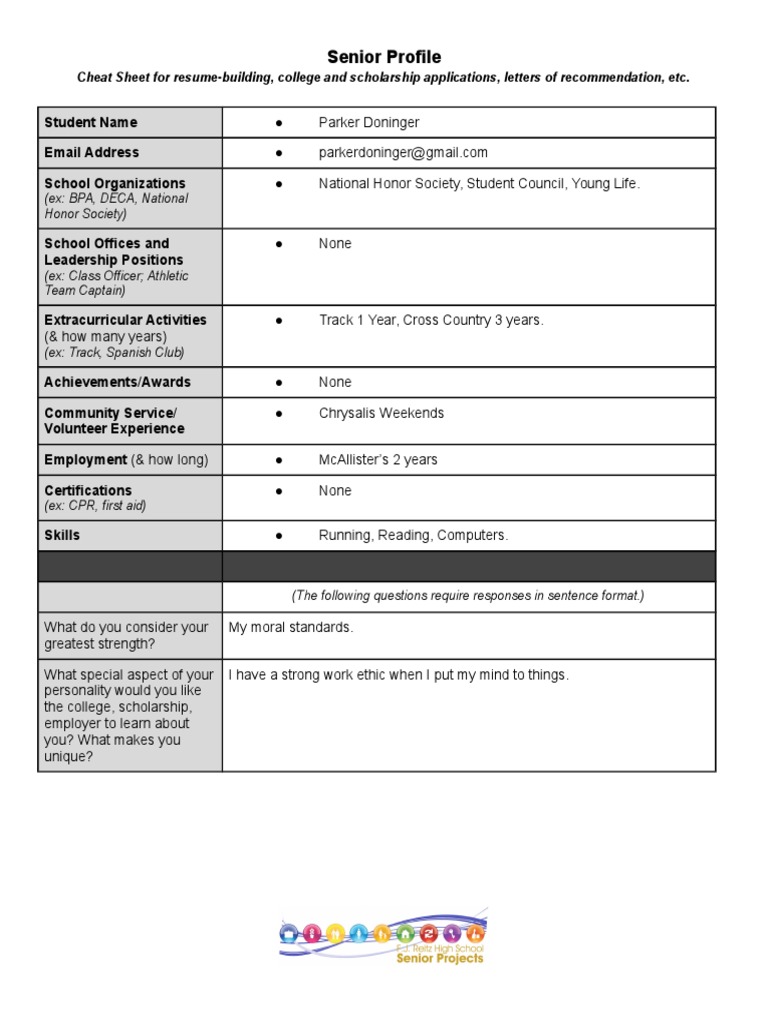 Senior Profile: Student Name Email Address School Organizations | PDF ...