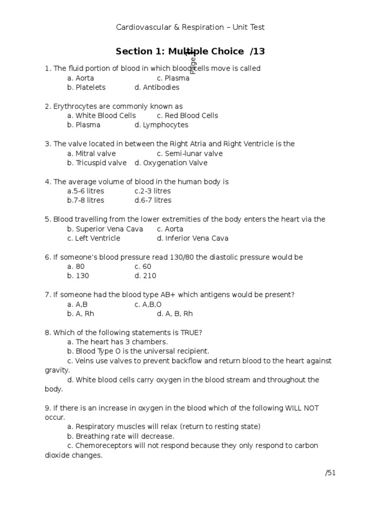 Cardiovascular and Respiratory Systems - Unit Test | PDF | Heart Valve ...