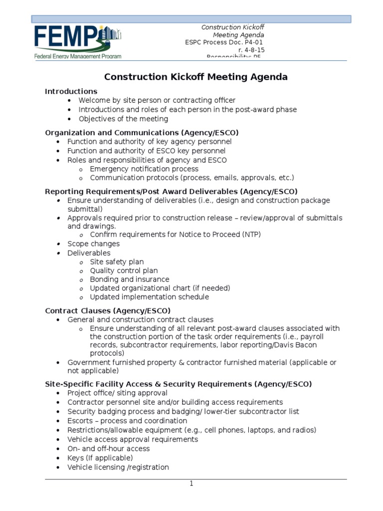 Construction Kickoff Meeting Agenda | PDF | Safety | General Contractor