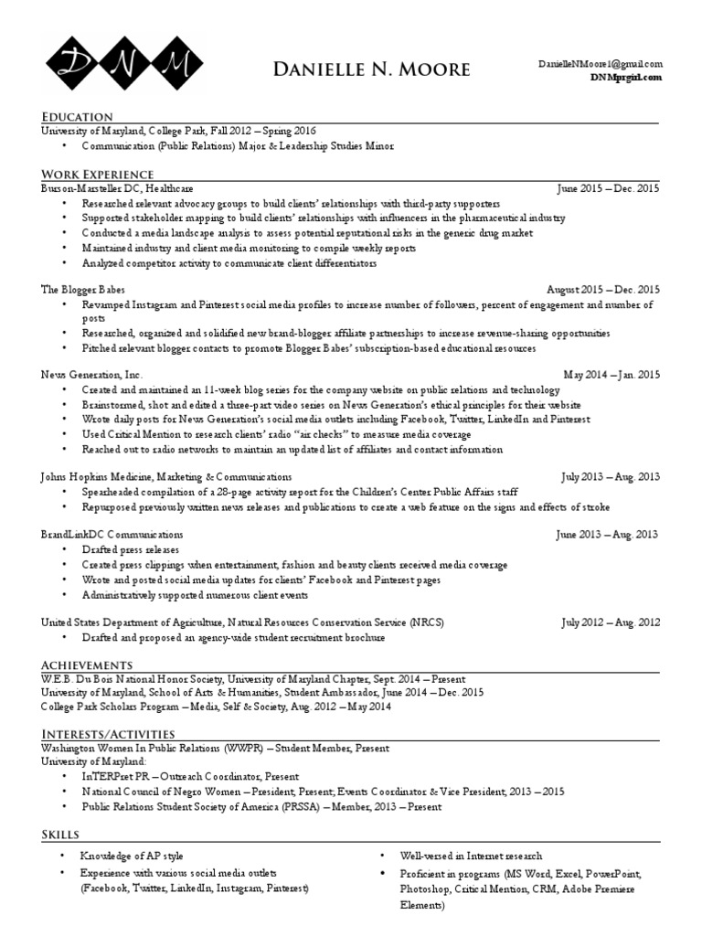 Danielle Moore Internet Resume 2016 | PDF | Public Relations | Social Media