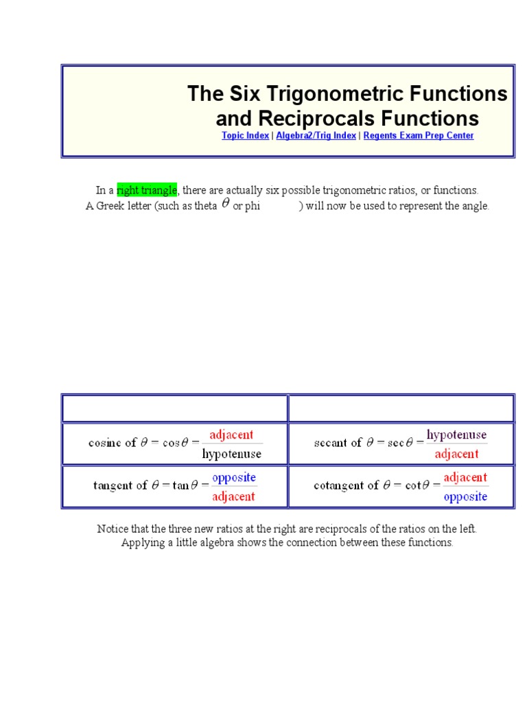 The Six Trigonometric Functions and Reciprocals Functions | PDF ...
