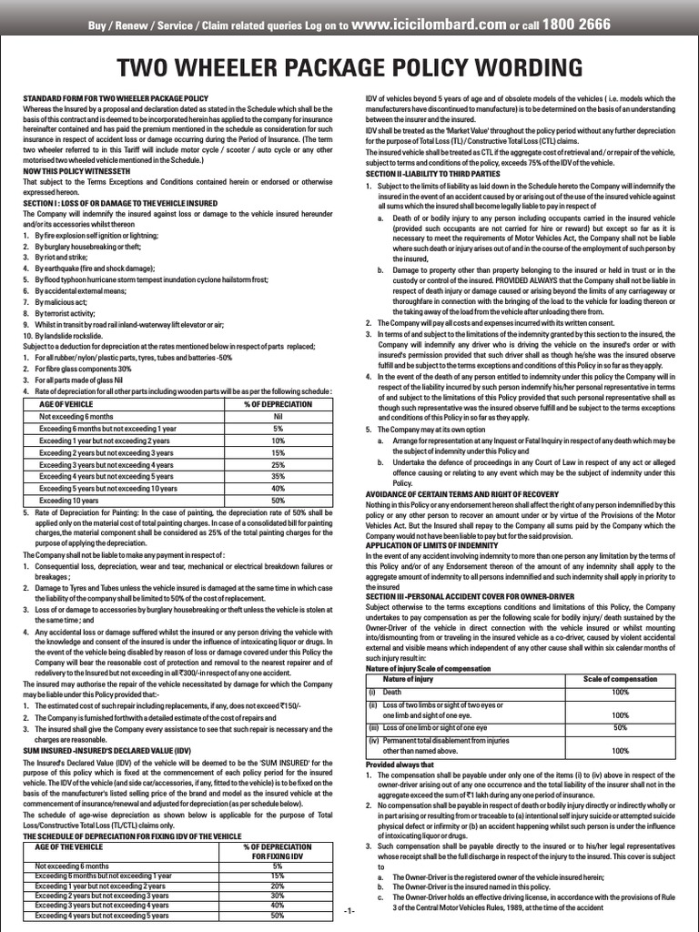 Two Wheeler Insurance Policy Details | PDF | Indemnity | Insurance