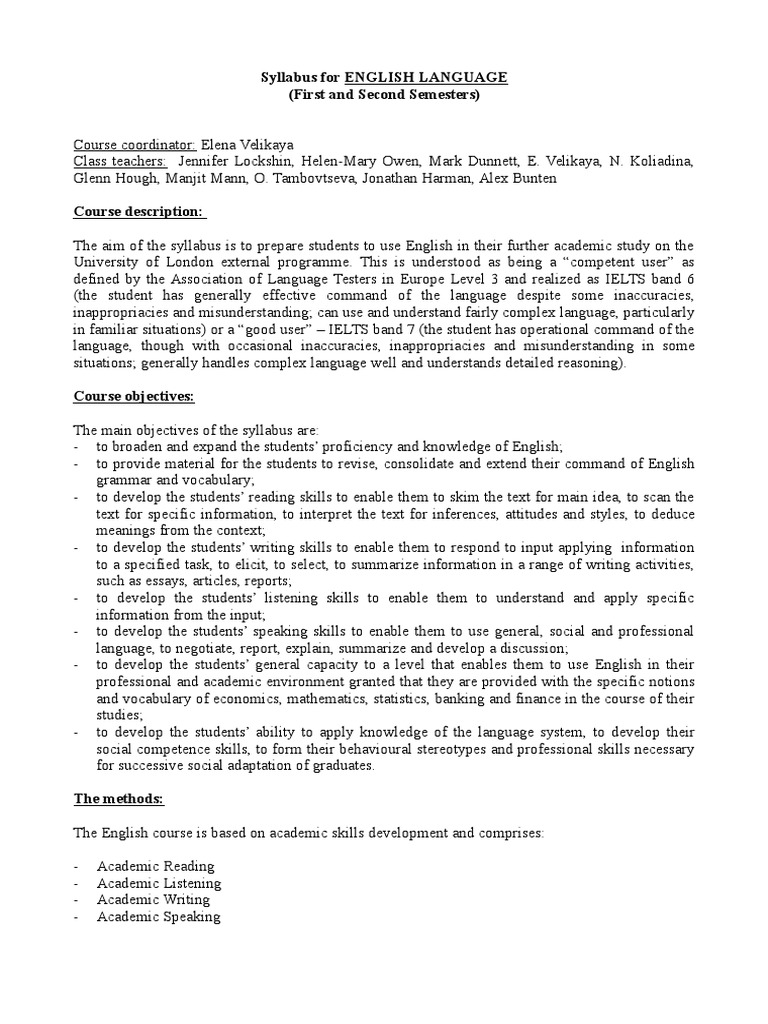 English Language Syllabus-Year 1 Eng | PDF | International English ...