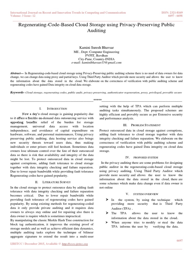 Regenerating-Code-Based Cloud Storage Using Privacy-Preserving Public ...