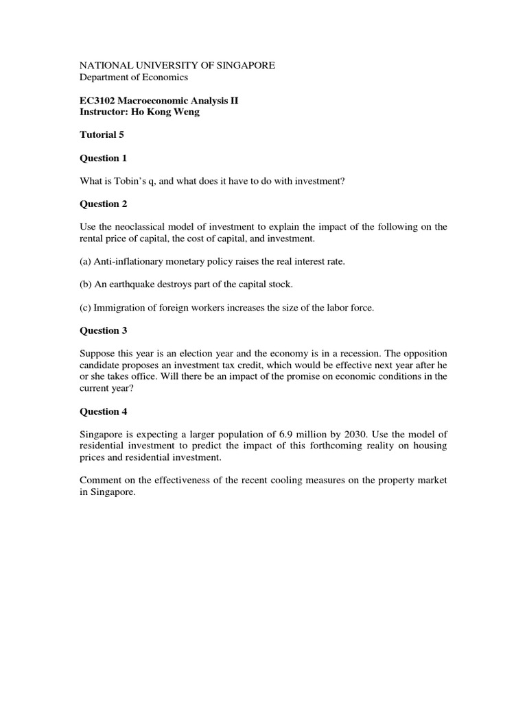 EC3102 Macroeconomic Analysis II Instructor: Ho Kong Weng Tutorial 5 | PDF