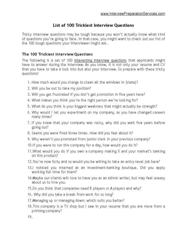100 Tricky Interview Questions List | PDF | Labour | Business